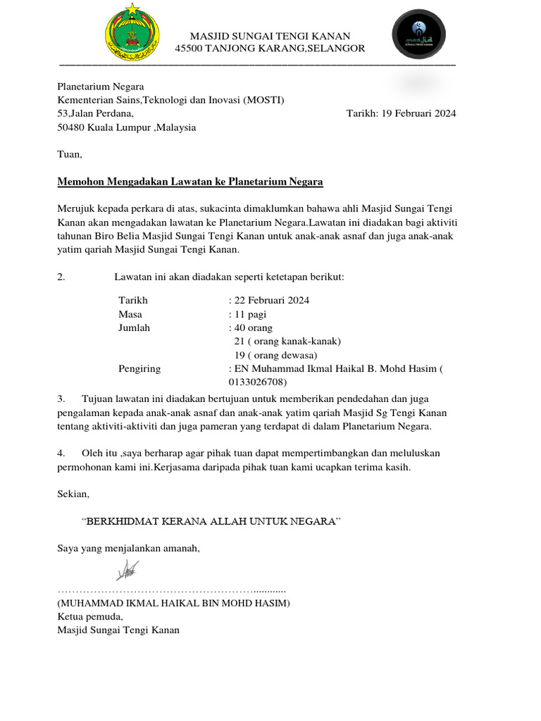 Surat Mohon Lawatan Planetarium Negara | PDF