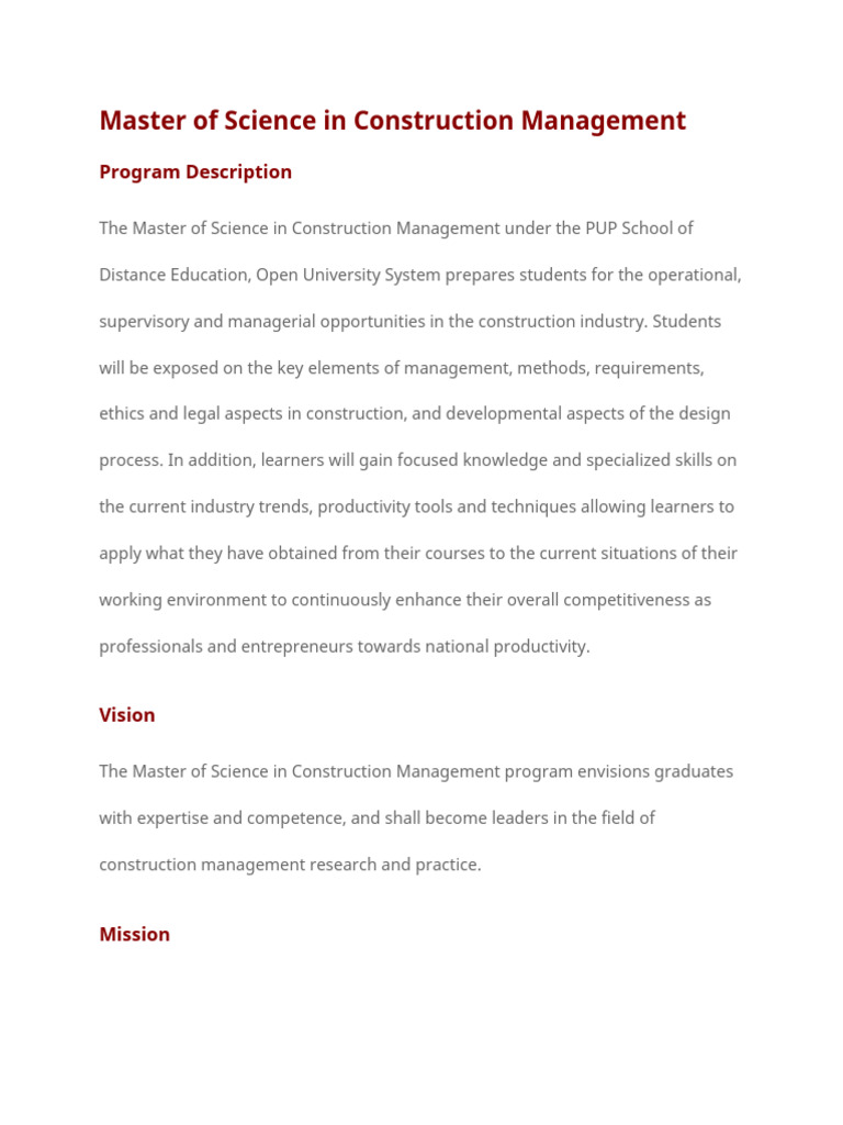 Master of Science in Construction Management | PDF | Thesis | Expert