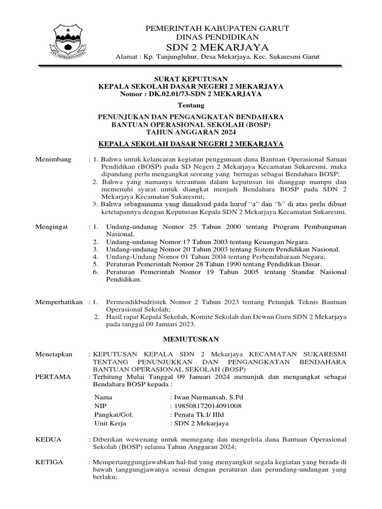 Sk Bendahara Bos 2024 Sdn 2 Mekarjaya Pdf