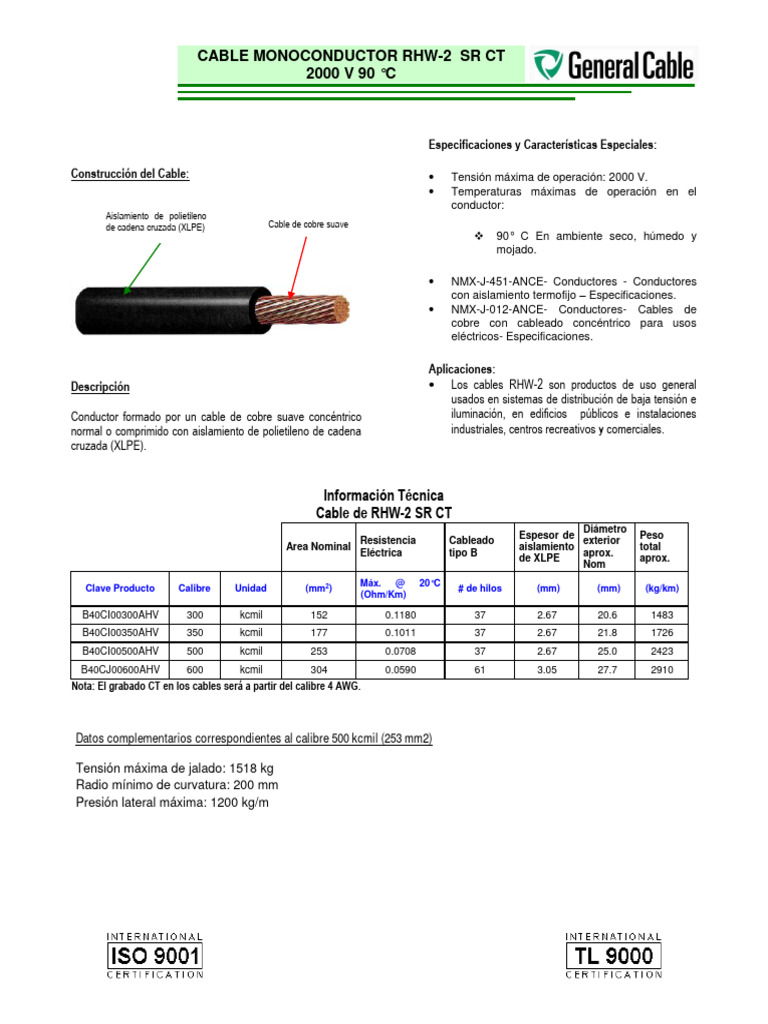 Hoja Técnica RHW-2 SR CT Cu 2000 V ANCE - BU HV | PDF | Cobre | Electromagnetismo