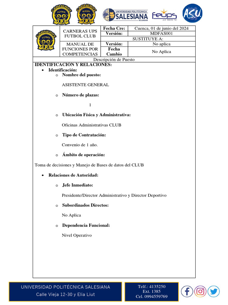 Manula de Funciones Asistente General | PDF | Contabilidad