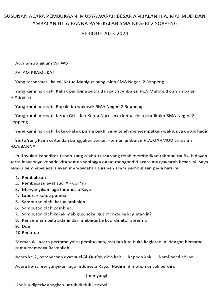 Susunan Acara Pembukaan Mubes | PDF