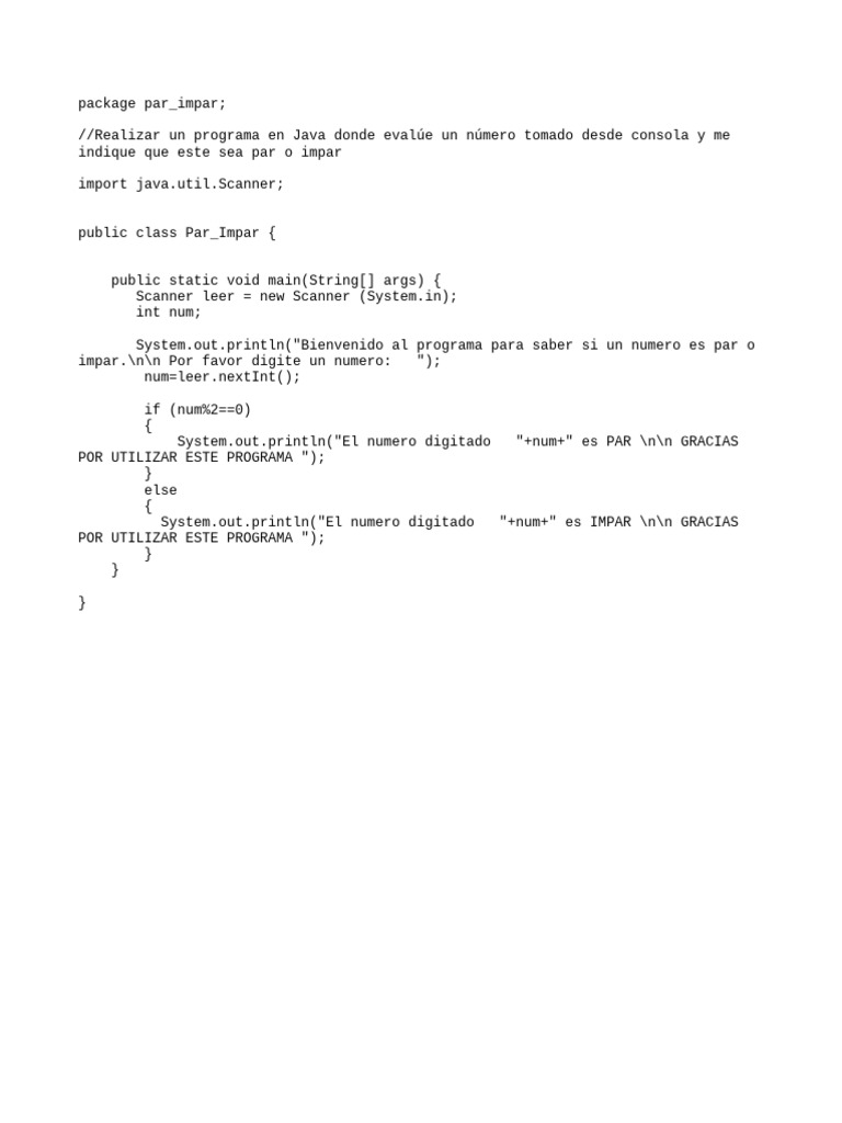 Programa Java: Verificar Par o Impar | PDF | Métodos y materiales de enseñanza
