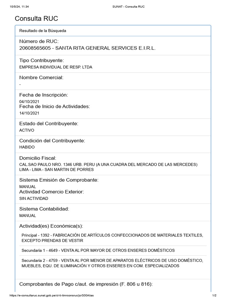 Consulta RUC: SANTA RITA GENERAL SERVICES | PDF