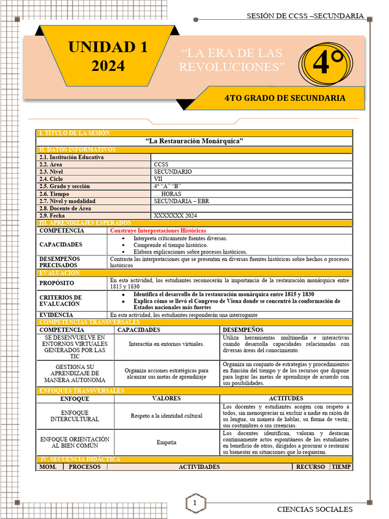 4º Sesiones Sem 1 Uni 1 - CCSS 2024 | PDF | Aprendizaje | Evaluación