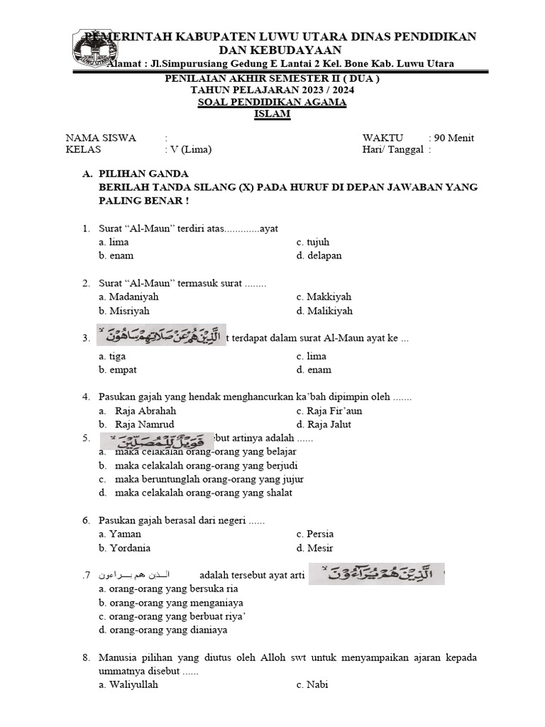 Soal Pai SMTR Ii KLS V PG THN 2024 Kur.13 | PDF
