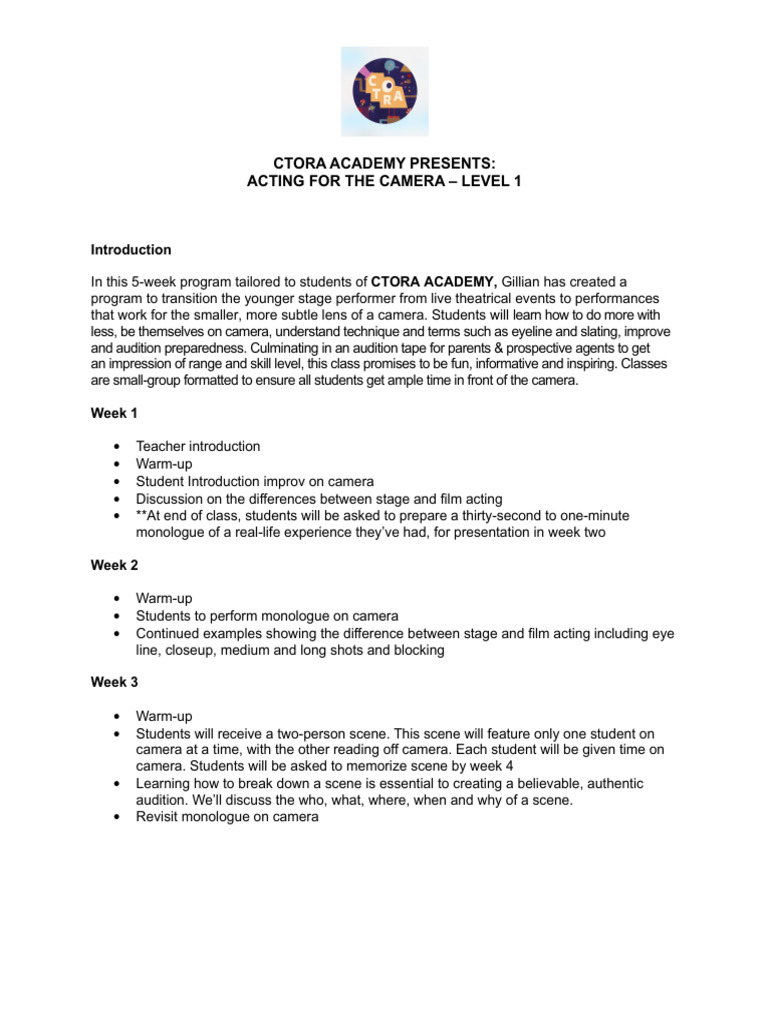 Acting For The Camera Course Outline | PDF | Camera | Audition