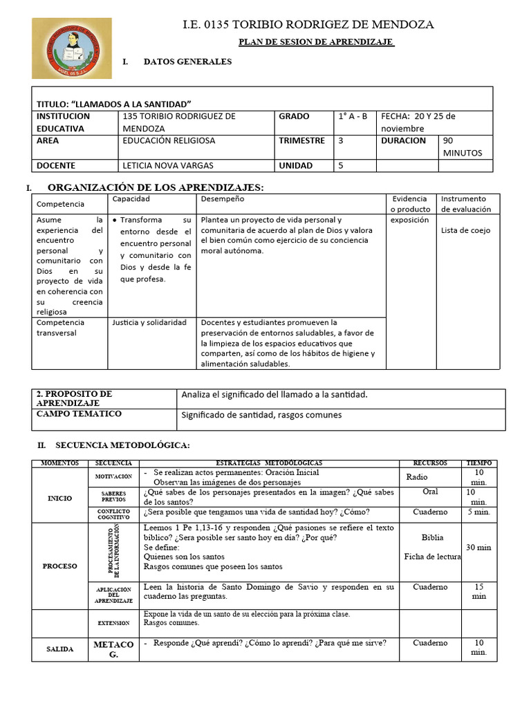 SESION DE APRENDIZAJE 13 | Descargar gratis PDF | Santo | Fe