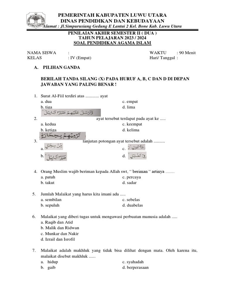 4 Soal Pai SMTR Ii KLS Iv PG THN 2024 Kur.13 | PDF