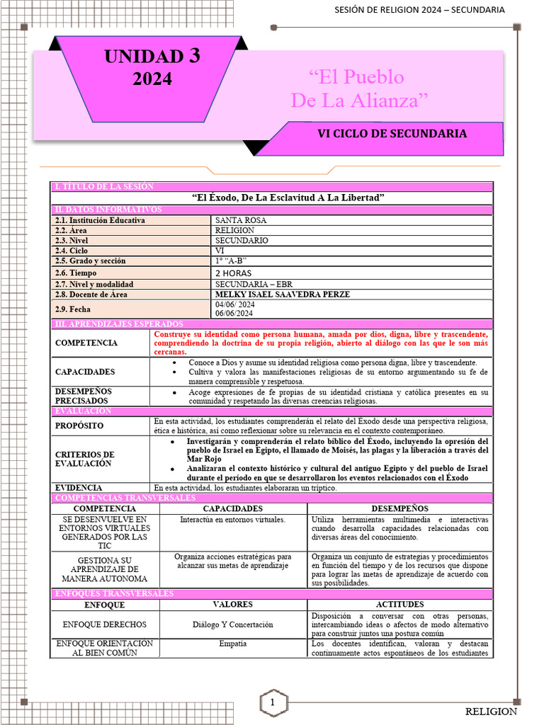 1º 2° SESION SEM 4 UNI 3 - RELIGION 2024 | Descargar gratis PDF | Libro del éxodo | Maestros