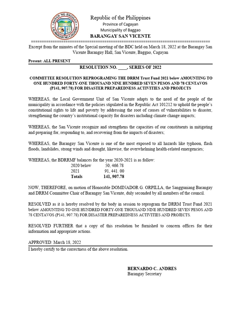 San Vicente DRRM Fund Reprogramming | PDF | Emergency Management ...