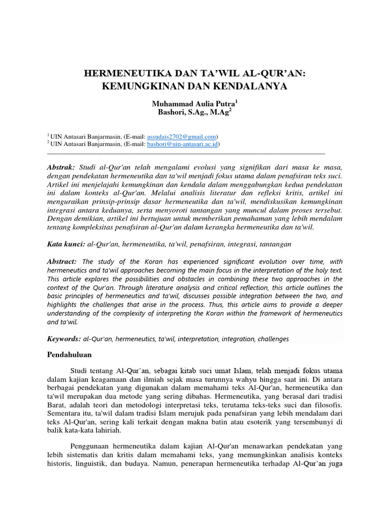 Hermeneutika Dan Ta'wil Al-Qur'an: Kemungkinan Dan Kendala | PDF