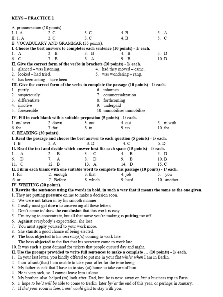 Đề 1 Key | PDF | Language Mechanics | Syntax