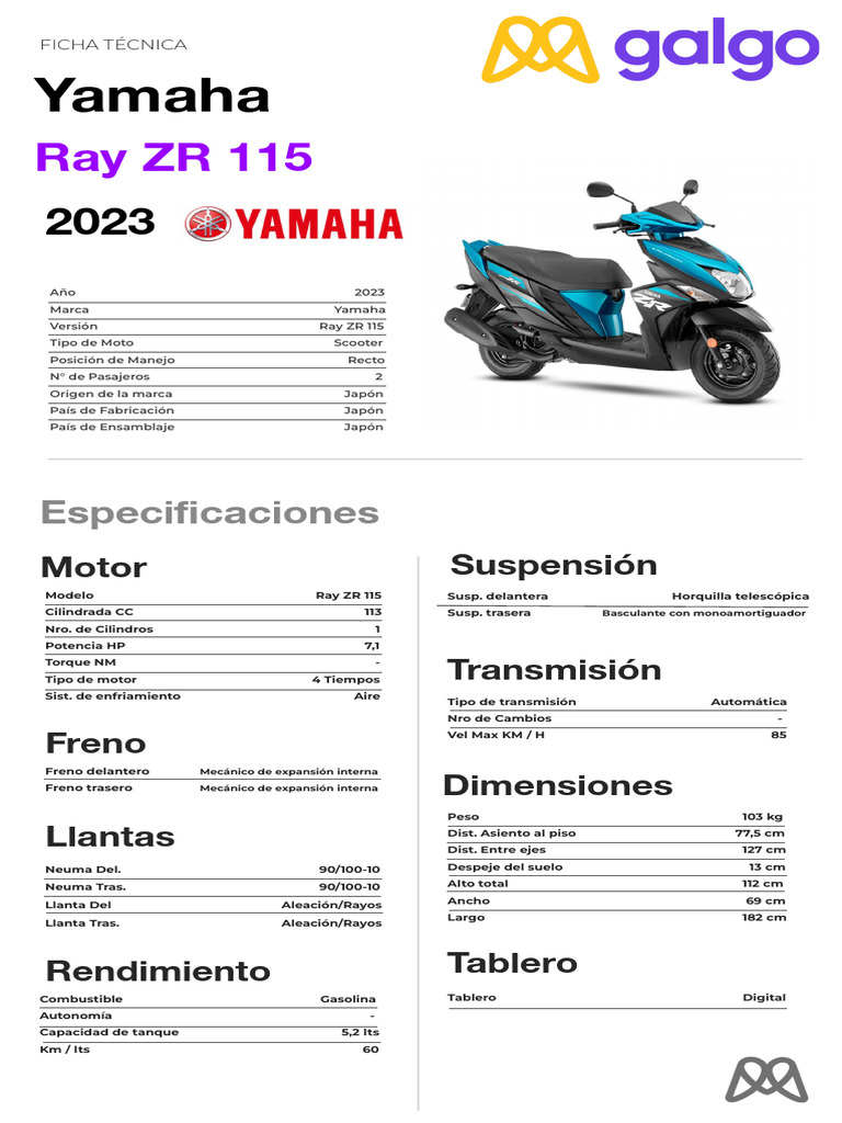 Ficha T Cnica Yamaha Ray ZR 115 Galgo | PDF | Motocicleta | Carros deportivos