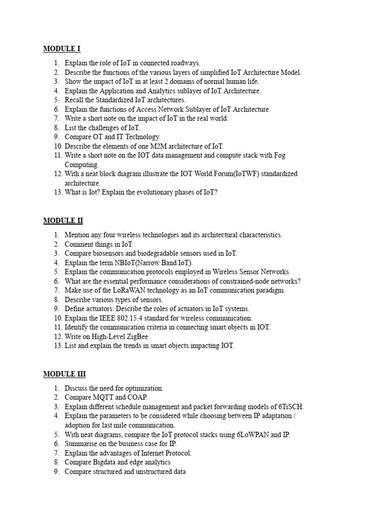 S8 - IoT Important Questions | PDF | Internet Of Things | Computer Network