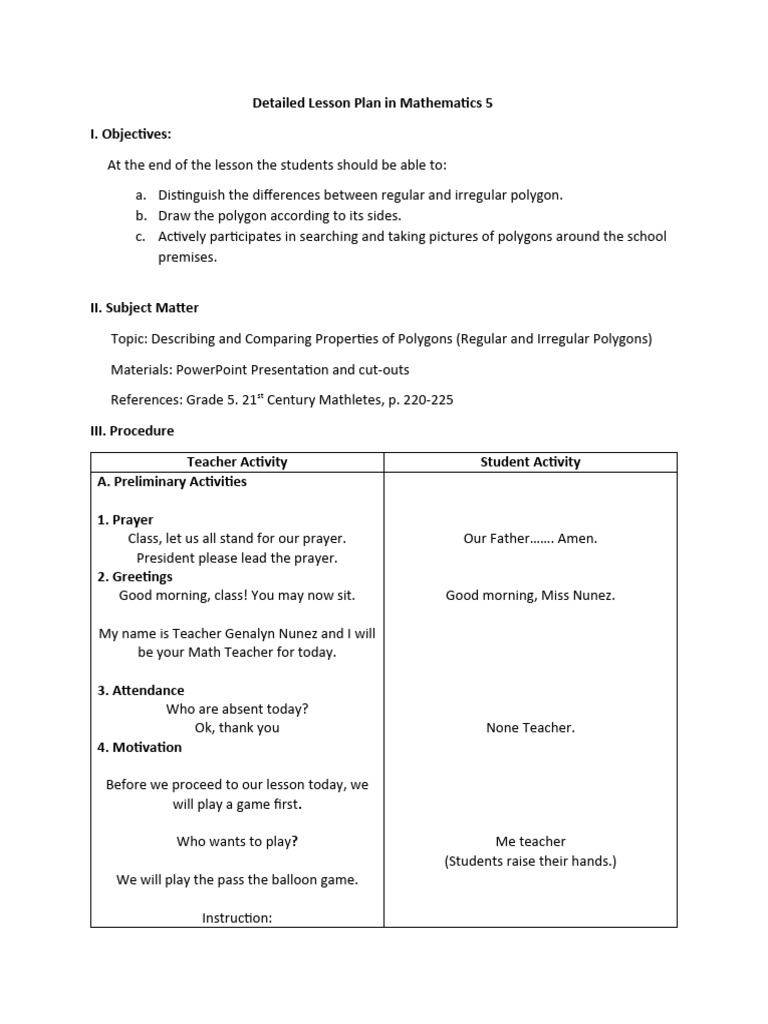 Lesson Plan Math5 FINAL | Download Free PDF | Polygon | Triangle