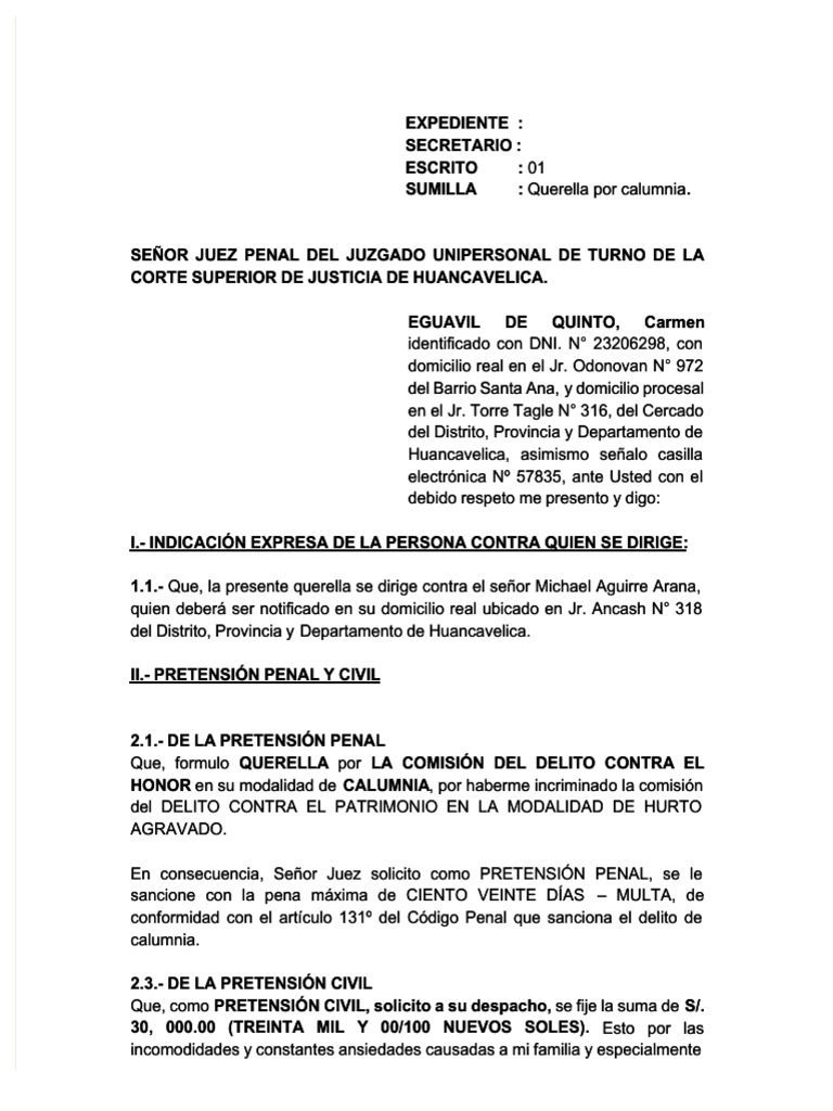 PDF Modelo de Querella Denuncia Caluniosa - Compress | PDF | Queja ... PDF Modelo de Querella Denuncia Caluniosa - Compress | PDF | Queja ...