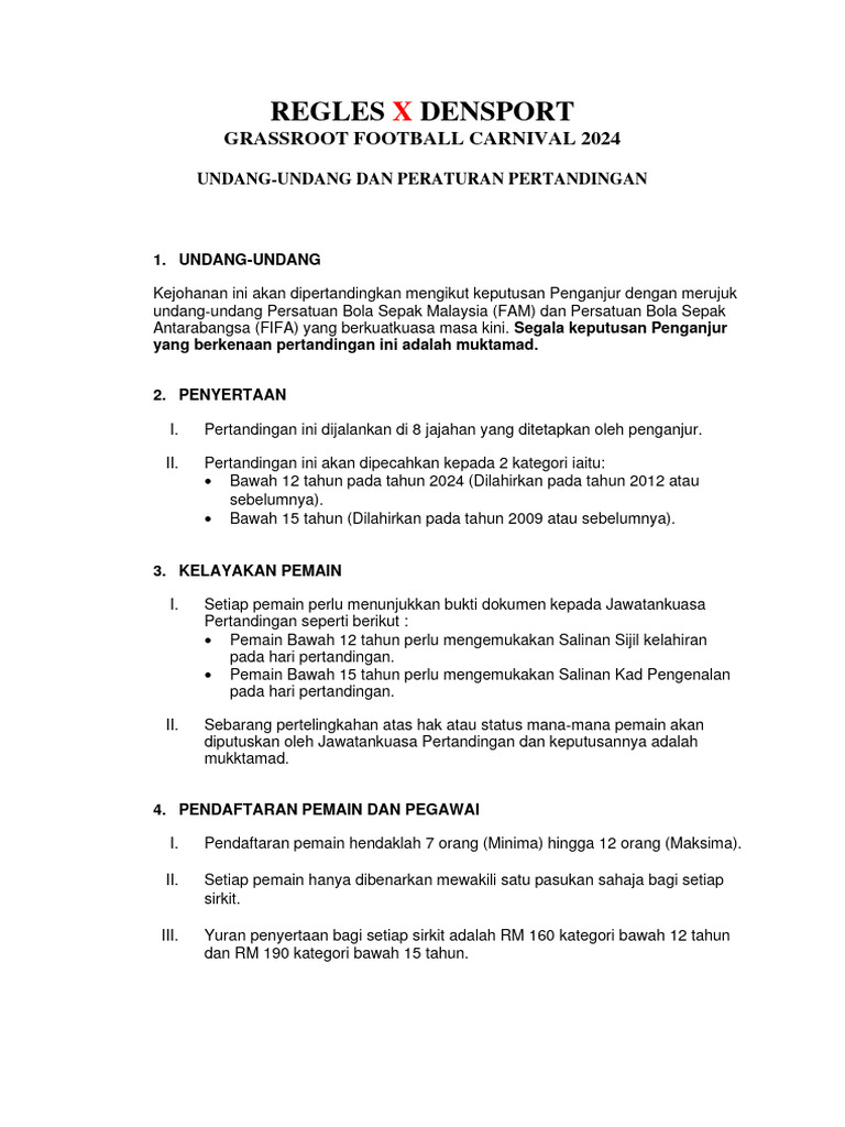 Aturan Kejuaraan Bola Sepak 2024 | PDF