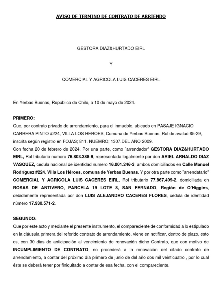 Termino de Contrato de Arriendo | PDF