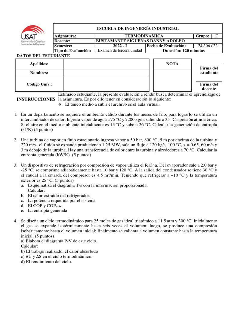 Examen 3 Unidad Termo Gc 2022 I Pdf Refrigeración Calor