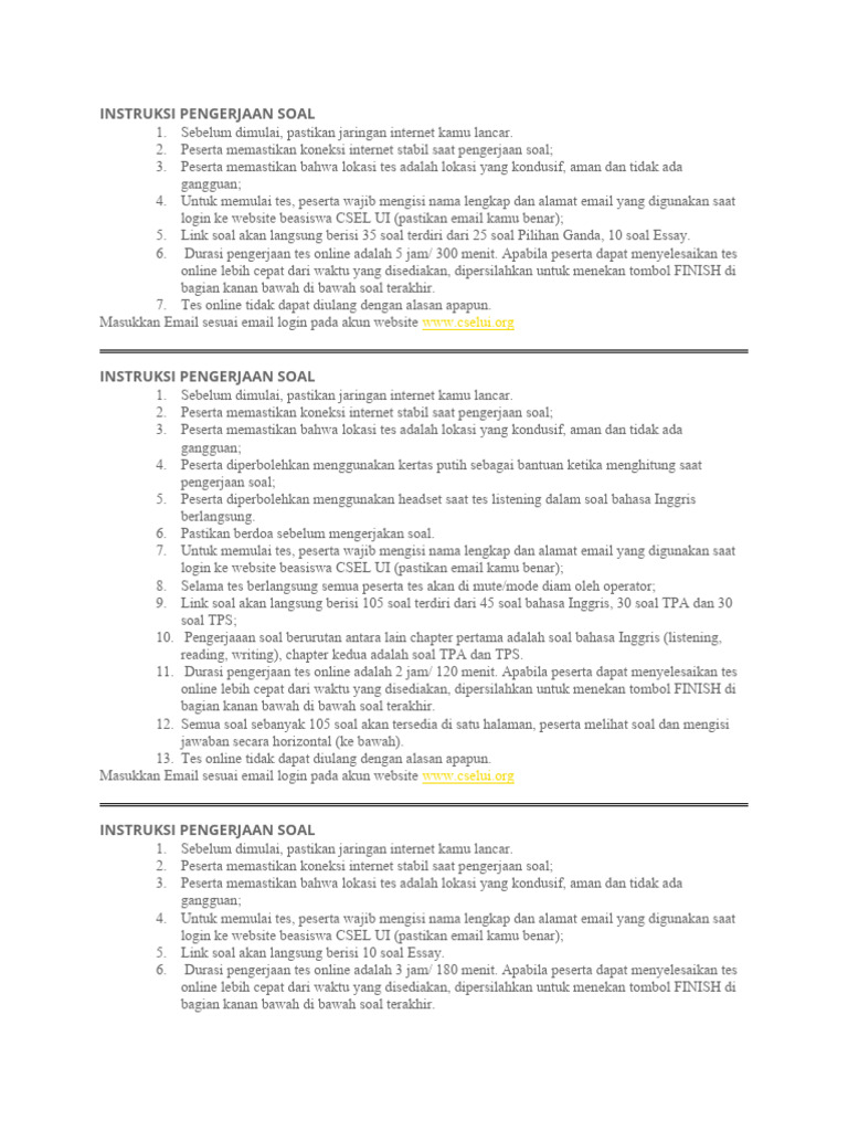 Panduan Pengerjaan Tes Online CSEL UI | PDF