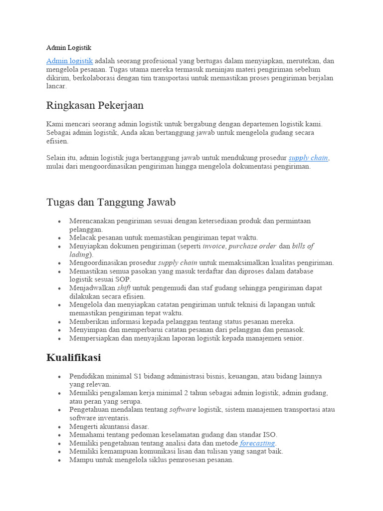 Tugas dan Tanggung Jawab Admin Logistik | PDF | Karier & Perkembangan ...