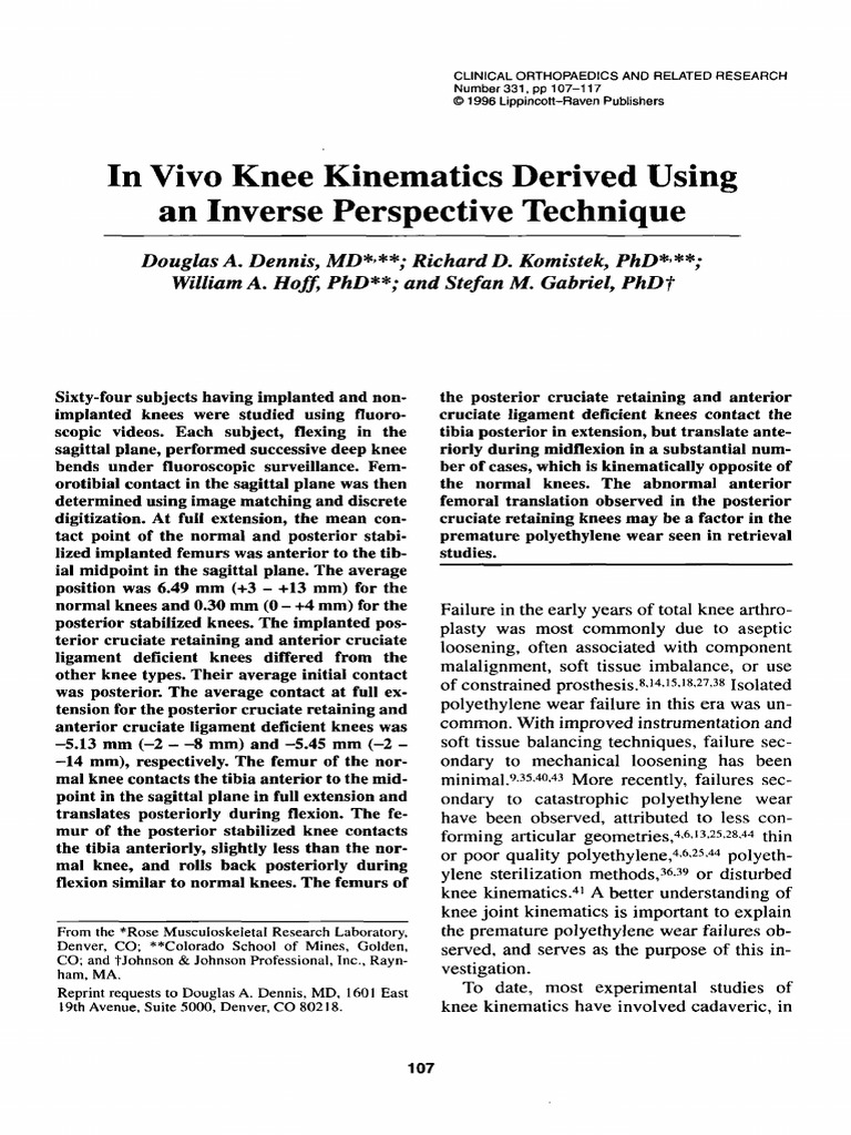 In Vivo Knee Kinematics Derived Using An Inverse Perspective Technique ...