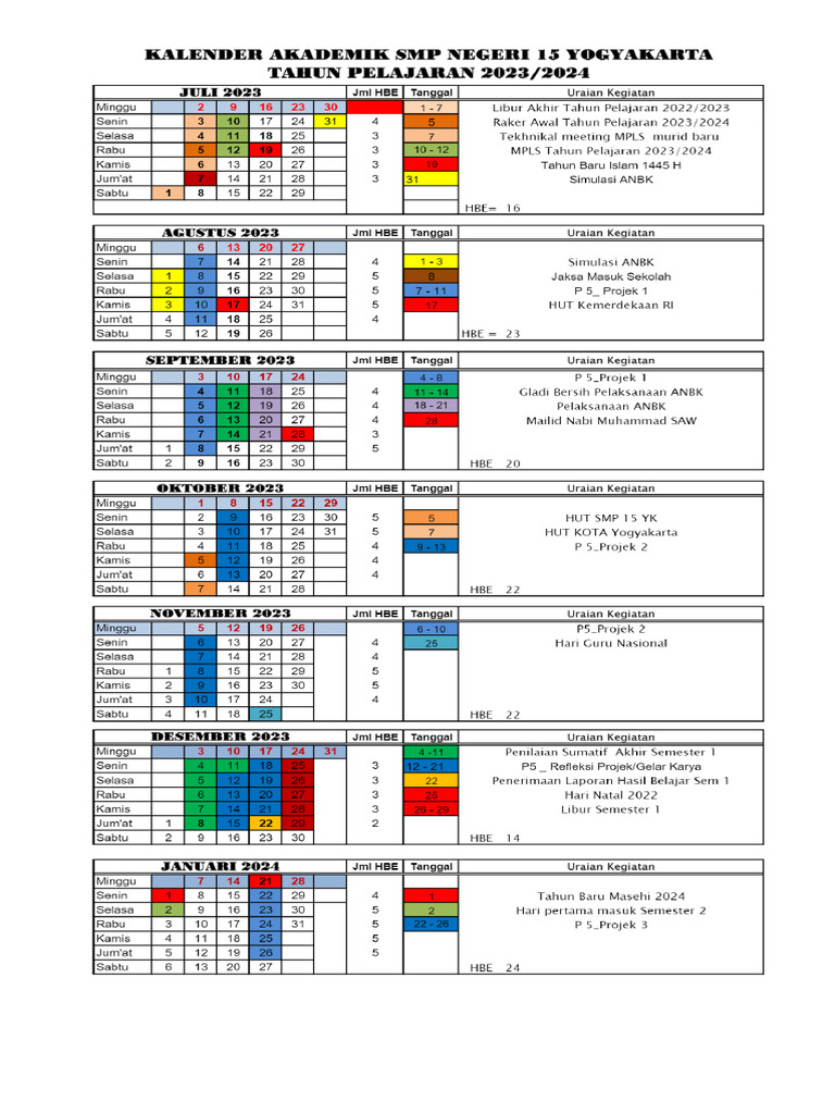 Contoh Kalender Tahunan Akademik - SMP Negeri 15 Yogyakarta | PDF