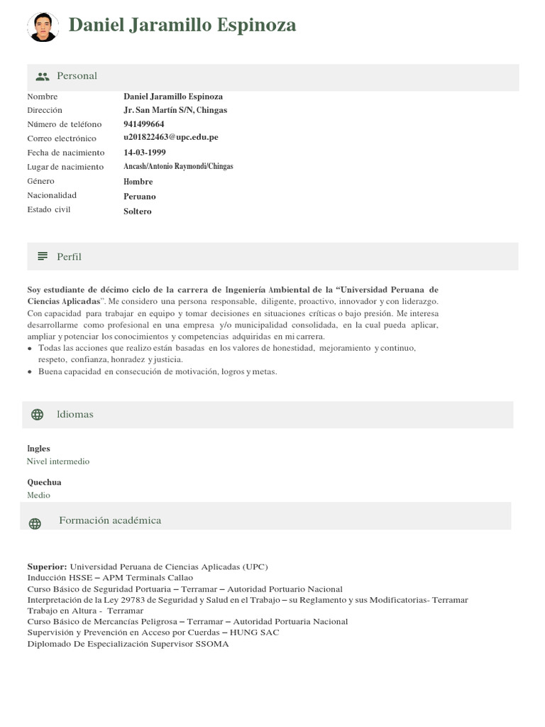 CV de Daniel Jaramillo Espinoza | PDF | Business