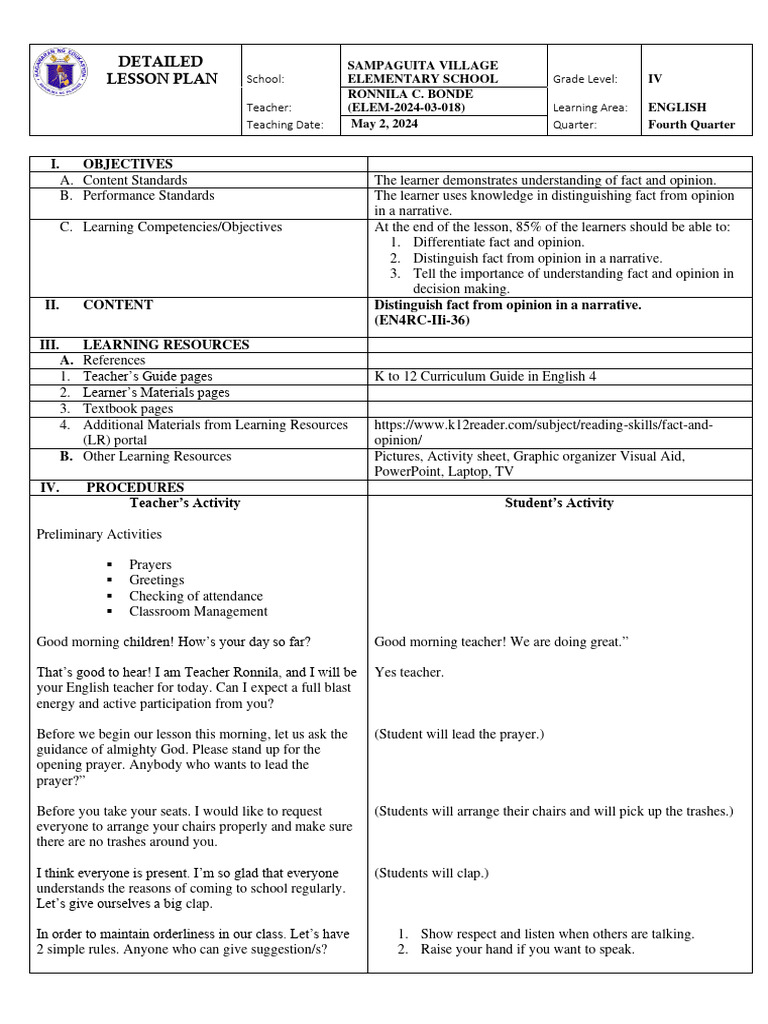 Fact vs. Opinion Lesson Plan for Grade IV | PDF | Teachers | Thought