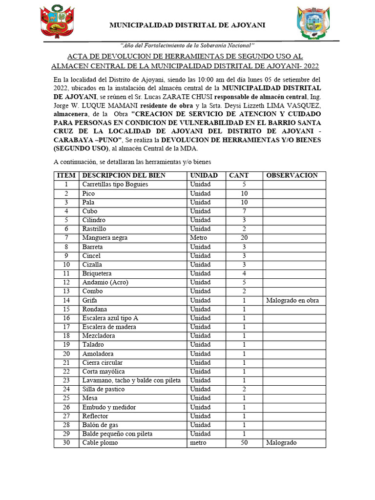 Acta de Devolucion 1 | PDF