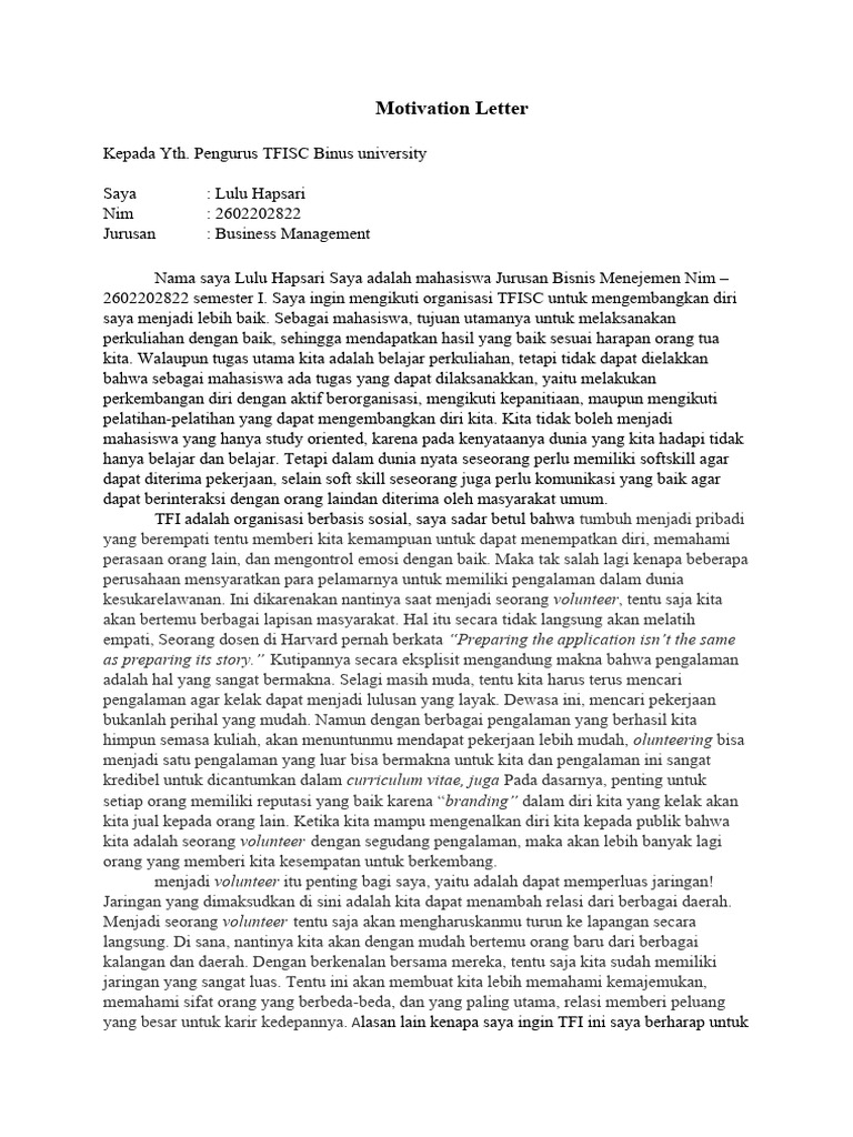 Motivation Letter lulu | PDF