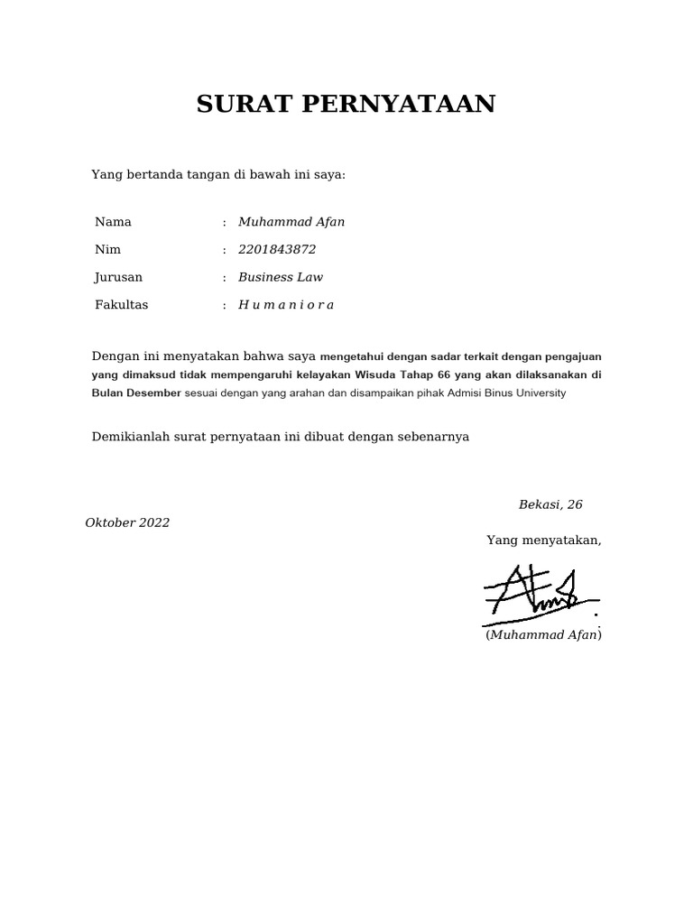 Format-Surat-Pernyataan-Pengajuan Percepatan Sidang Binus | PDF