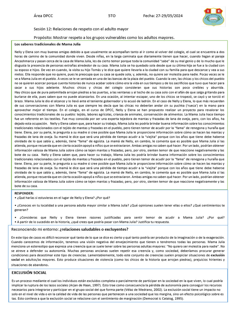 Ficha 12 Dpcc 5to - 2024 | PDF | Estigma social | Vejez