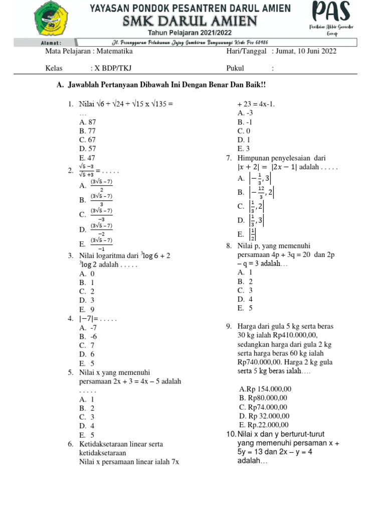 Jumat SOAL MTK X PAS GENAP 2022 Selesai | PDF