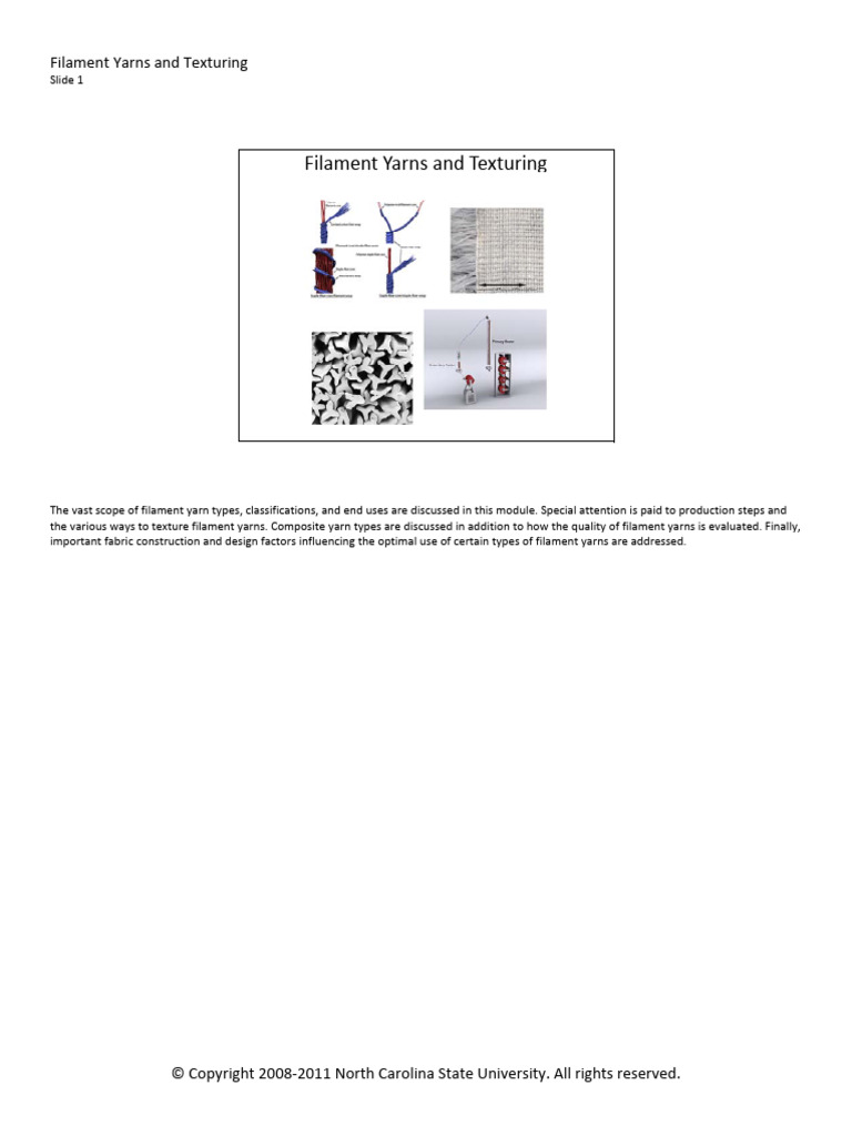 Filament Yarns and Texturing - Lecture Notes | PDF | Yarn | Fibers