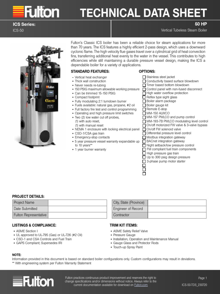 Technical Data Sheet | PDF | Boiler | Pressure
