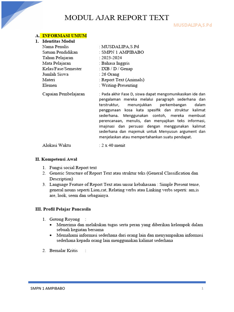 Modul Ajar Report Text Persiapan Supervisi | PDF | Karier & Perkembangan