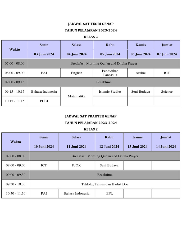 Jadwal Dan Kisi-kisi Sat Grade 2 | PDF