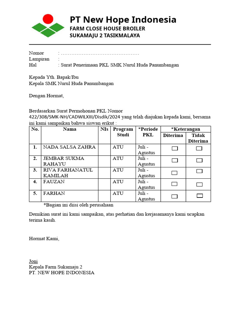 Surat Penerimaan Pkl 2 | PDF