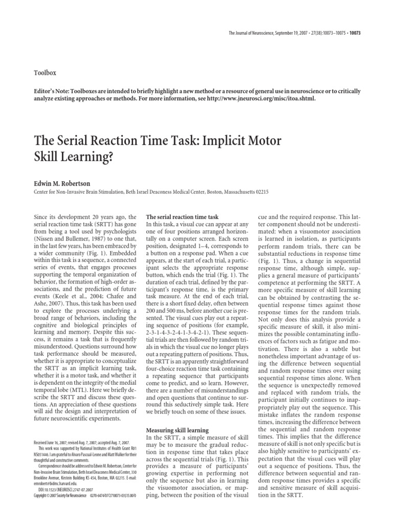 Robertson, E. The Serial Reaction Time Task | PDF | Psychology ...
