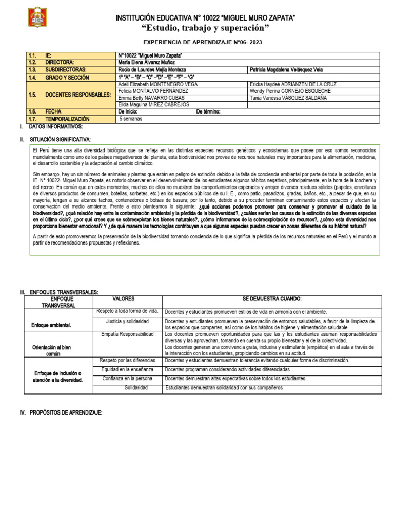 Experiencia de Aprendizaje #06 | PDF | Biodiversidad | Aprendizaje