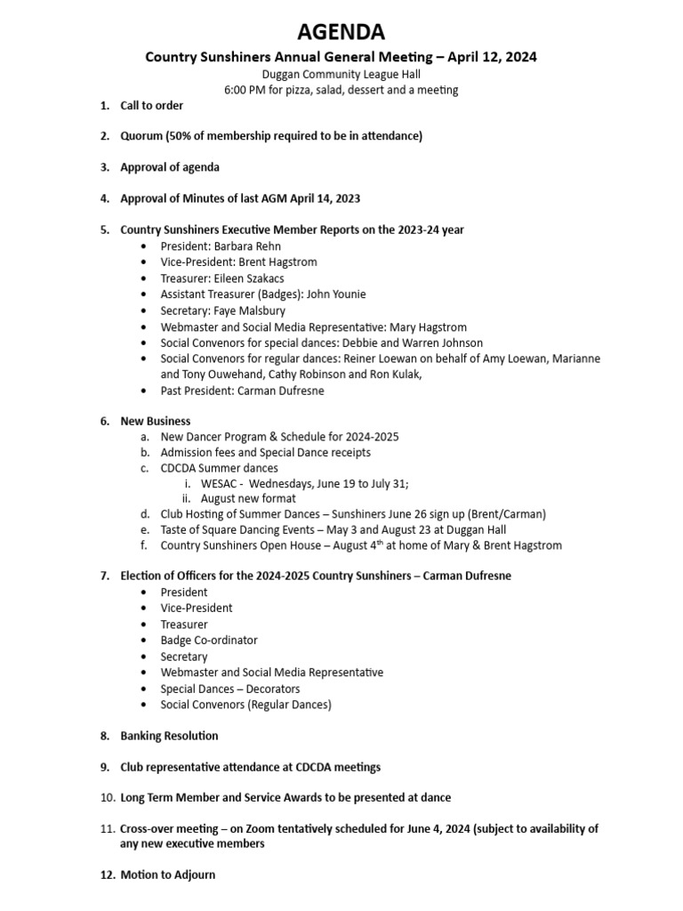 Agenda Country Sunshiners Agm April 12 2024 | PDF