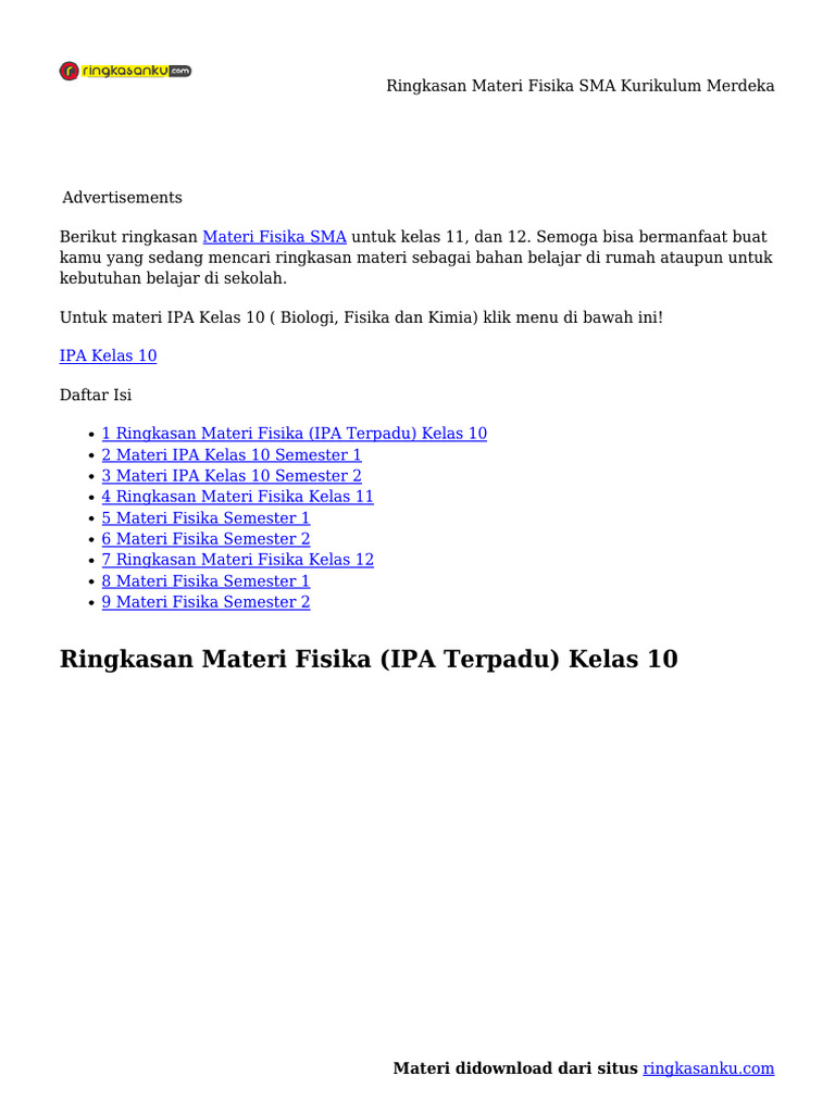Ringkasan Materi Fisika SMA Kurikulum Merdeka | PDF