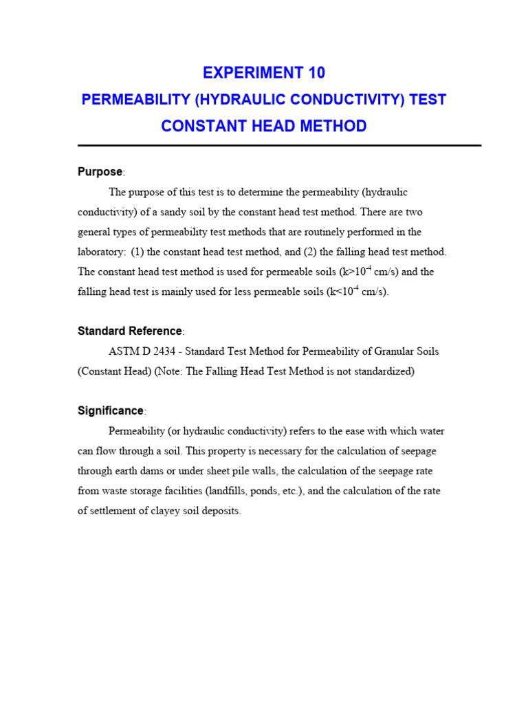 Constant Head Permeability Test Guide | PDF | Hydrology | Environment