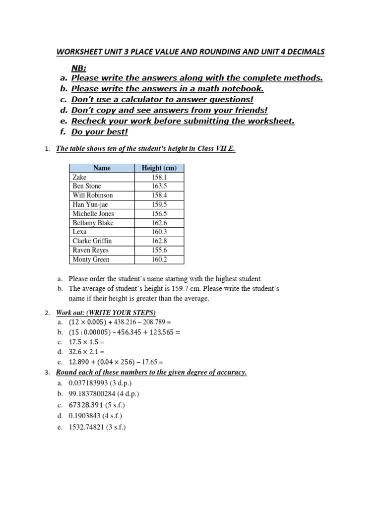 WORKSHEET UNIT 3 PLACE VALUE AND ROUNDING AND UNIT 4 DECIMALS | PDF ...