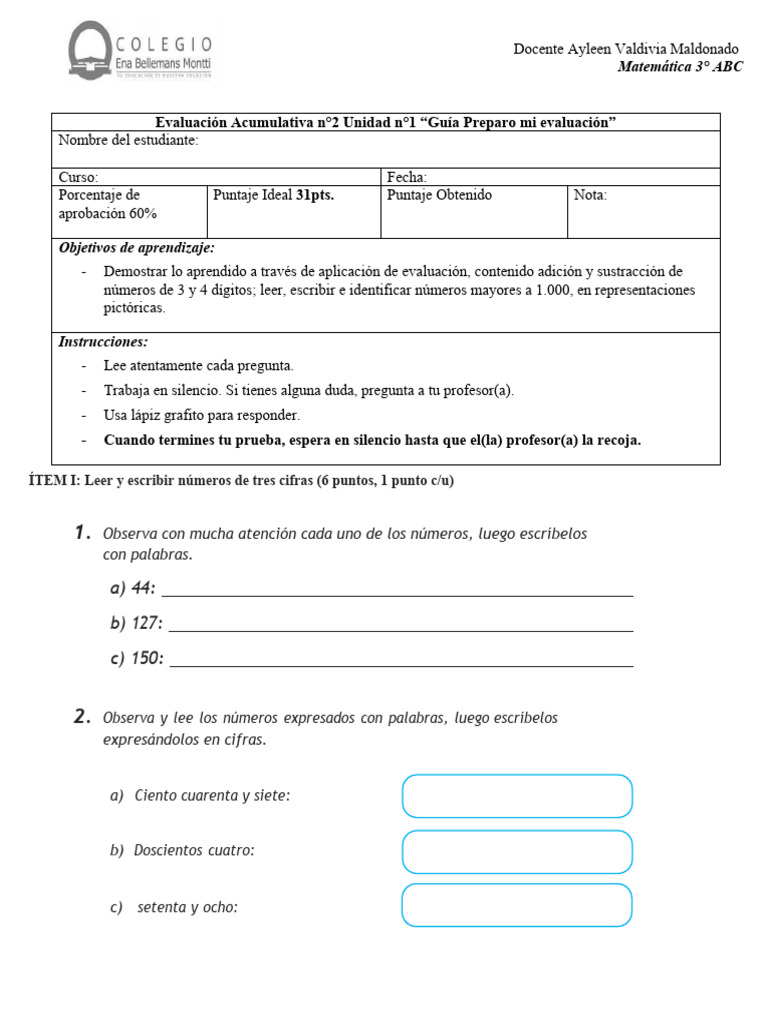 3°abc Básico - Matemática - Guia Acumulativa N°2 | PDF | Sustracción ...