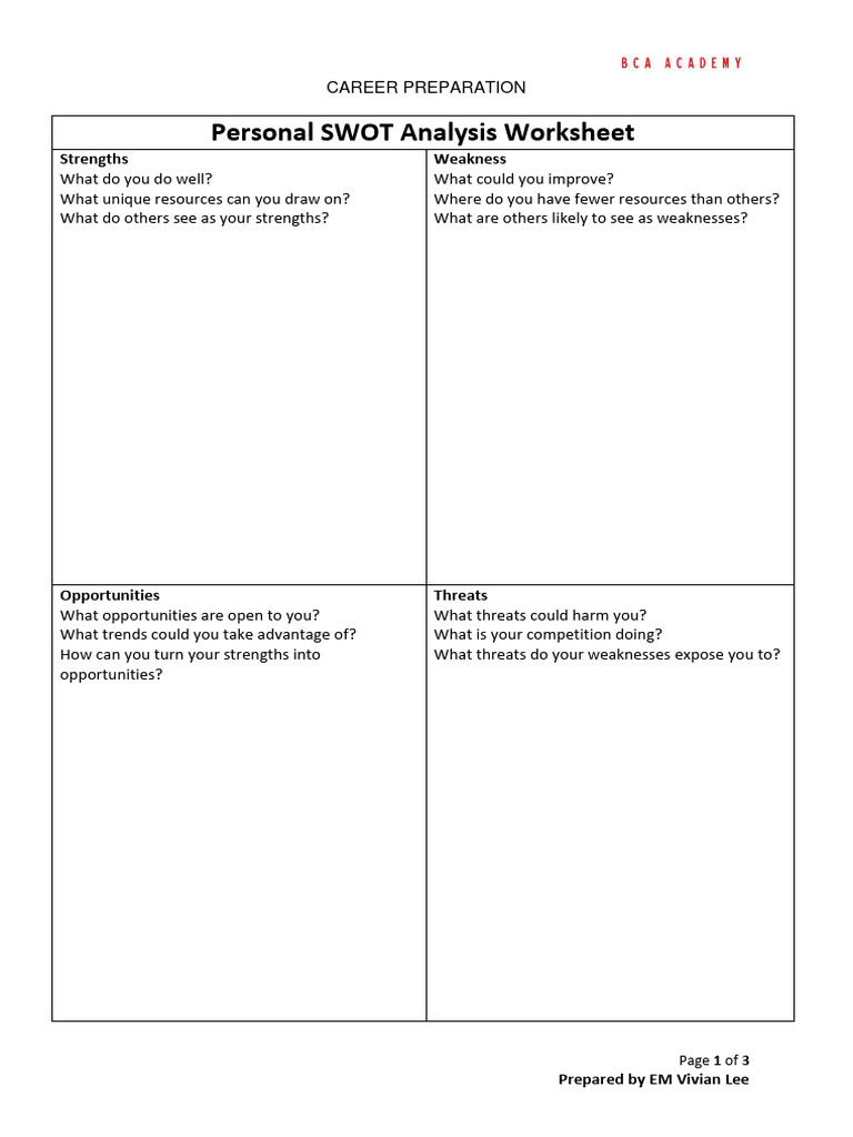 Personal SWOT Analysis Worksheet AND Setting Career Goals | PDF ...