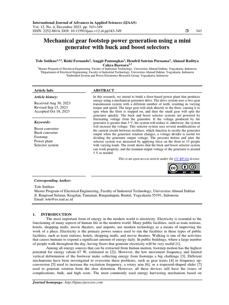Mechanical gear footstep power generation using a mini generator with buck and boost selectors ...