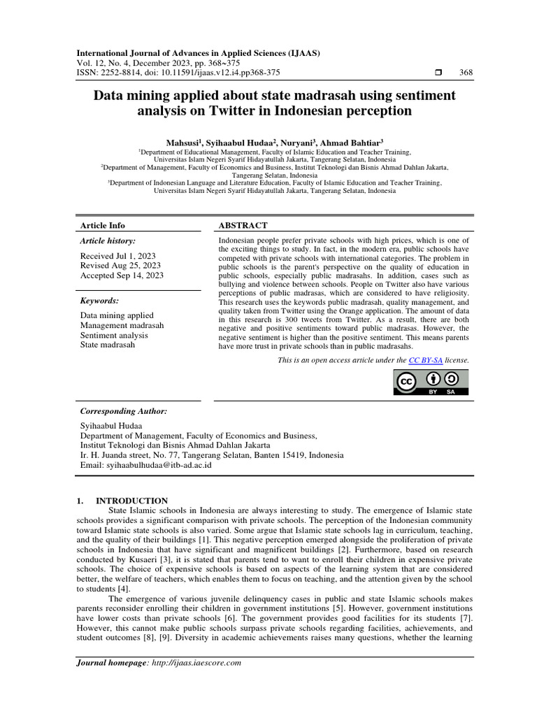 Data mining applied about state madrasah using sentiment analysis on ... Data mining applied about state madrasah using sentiment analysis on ...
